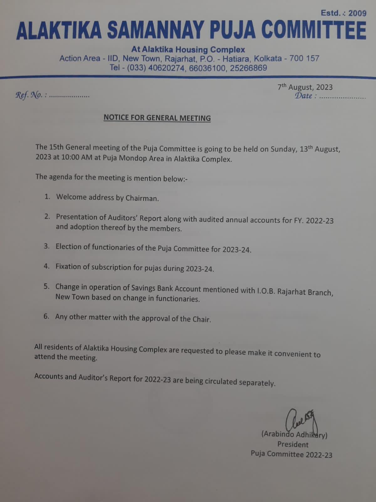 Notice for General Meeting (Puja Committee)